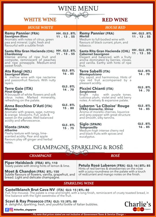Menu - Charlie's Restaurant & Bar